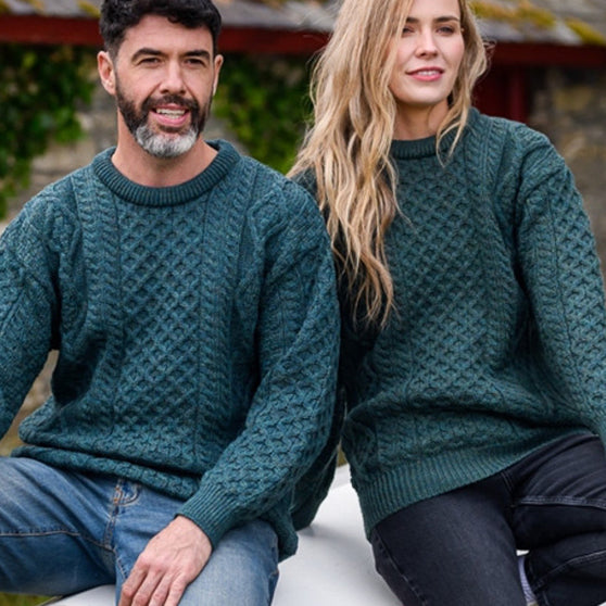 Unisex 100% Wool Irish Aran Crew Neck Sweater - Inis Mor Design ...